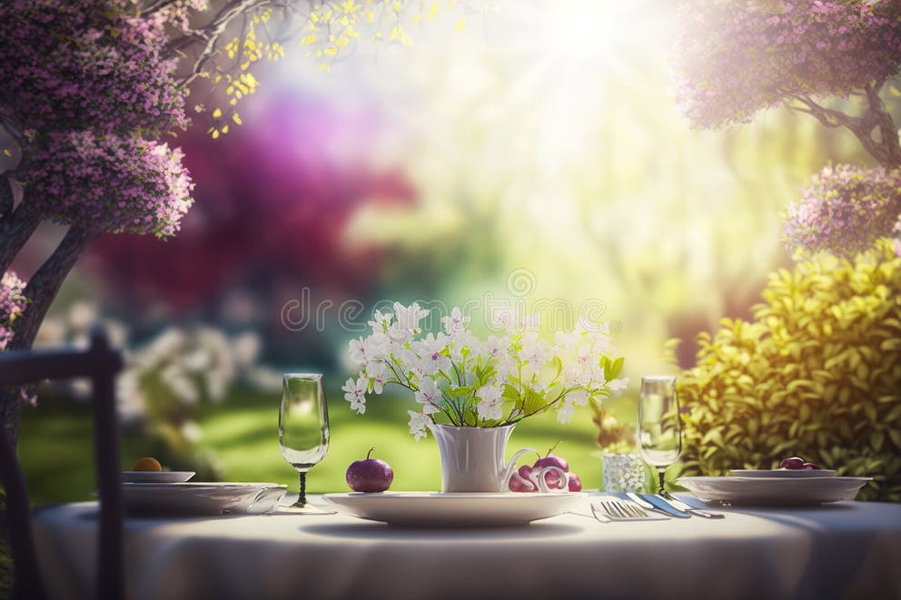Springtime Elegant Romantic Lunch in Outdoors. Blurred Background with ...
