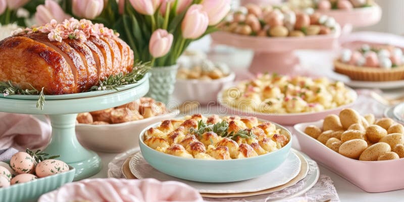 Springtime Feast with Glazed Ham and Floral Decor Stock Illustration ...
