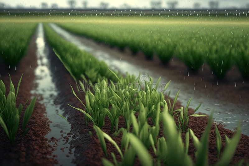 Springtime Field with Fresh Green Sprouts in Rain. Generative AI Stock ...