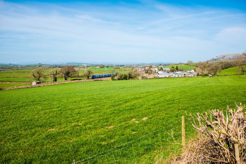 Springtime Fields with Hedges, Trees Beautiful Blue Sky Stock Photo ...