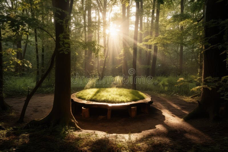A Springtime Forest, with a Round Wooden Podium at the Center and Light ...