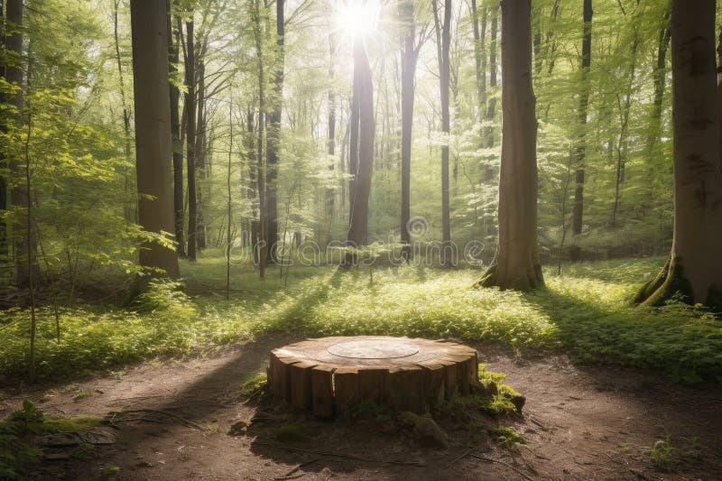 A Springtime Forest, with a Round Wooden Podium at the Center and Light ...
