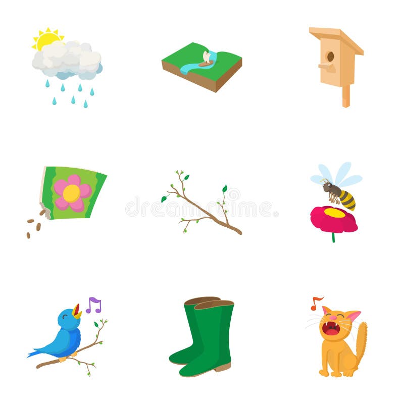 Springtime Icons Set, Cartoon Style Stock Vector - Illustration of ...