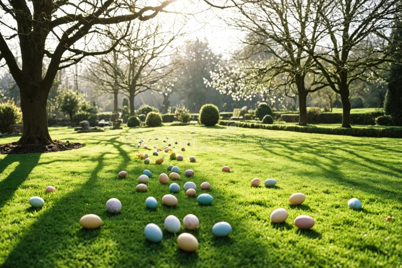 Springtime Joy: an Idyllic Garden with Easter Egg Hunt Stock Photo ...
