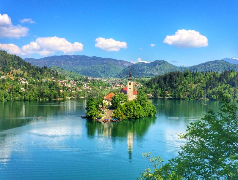 Springtime at lake Bled stock image. Image of mountains - 71450071