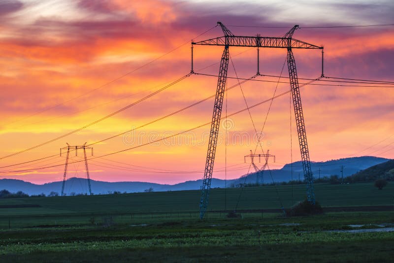 Sunset on pylons stock image. Image of quebec, cloud - 182902591