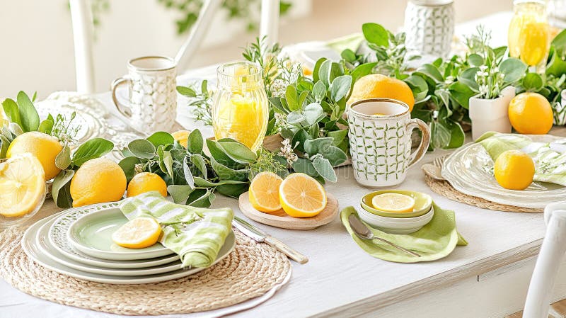 Springtime Lemon Table Setting, Bright Kitchen, Brunch Stock Photo ...
