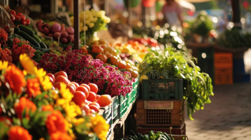 Springtime Market Filled with Fresh Produce, Flowers Stock Illustration ...