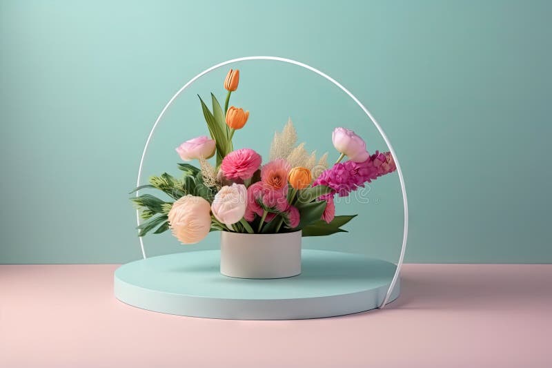 A Minimal Round Podium with a Burst of Springtime Flowers Stock Image ...