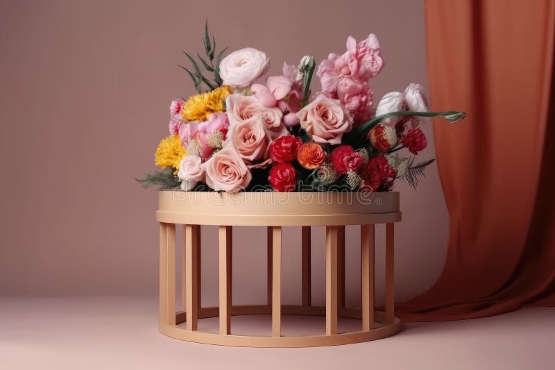 A Minimal Round Podium with a Burst of Springtime Flowers Stock Image ...