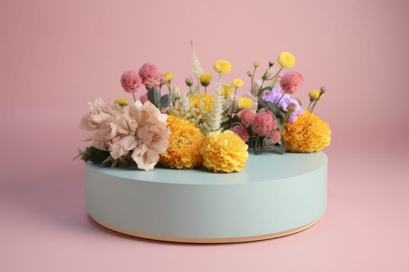 A Minimal Round Podium with a Burst of Springtime Flowers Stock Image ...