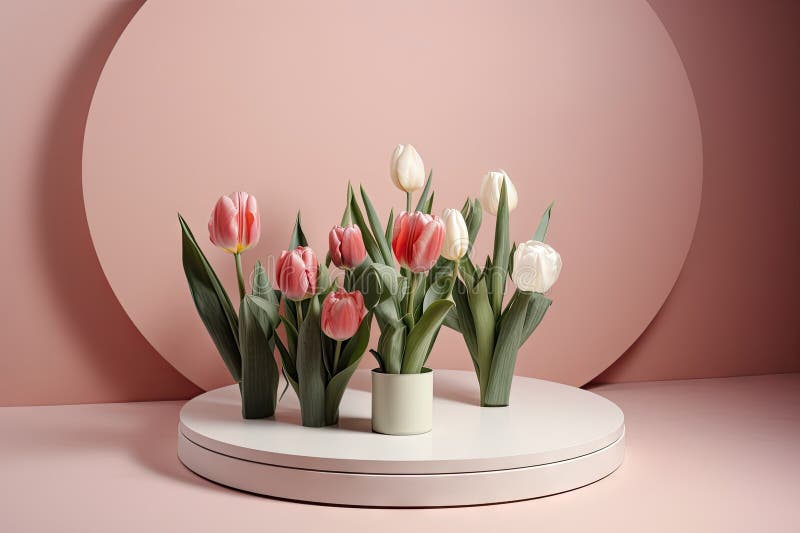 Springtime Minimal Round Podium with Tulips and Greenery Stock Image ...