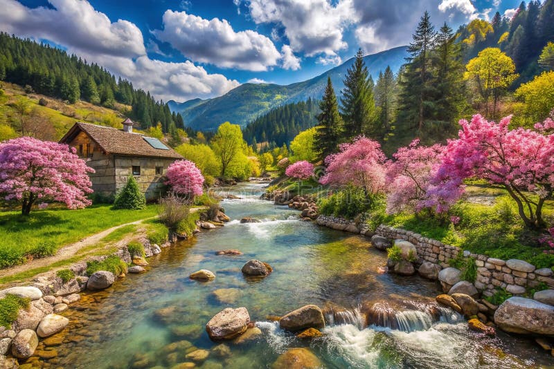 Springtime Mountain River Scene with Blooming Trees and Cabin Stock ...