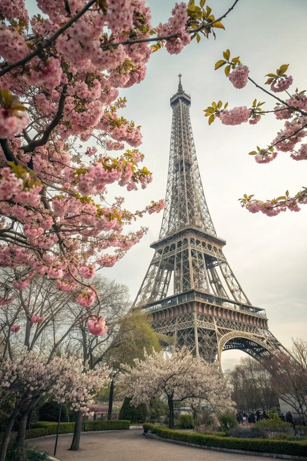 Springtime in Paris. Blossoming Cherry Trees and Eiffel Tower. Focus on the Eiffel Tower Stock ...