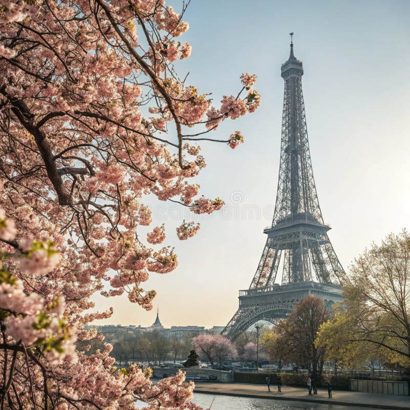 Springtime in Paris. Blossoming Cherry Trees and Eiffel Tower. Focus on ...
