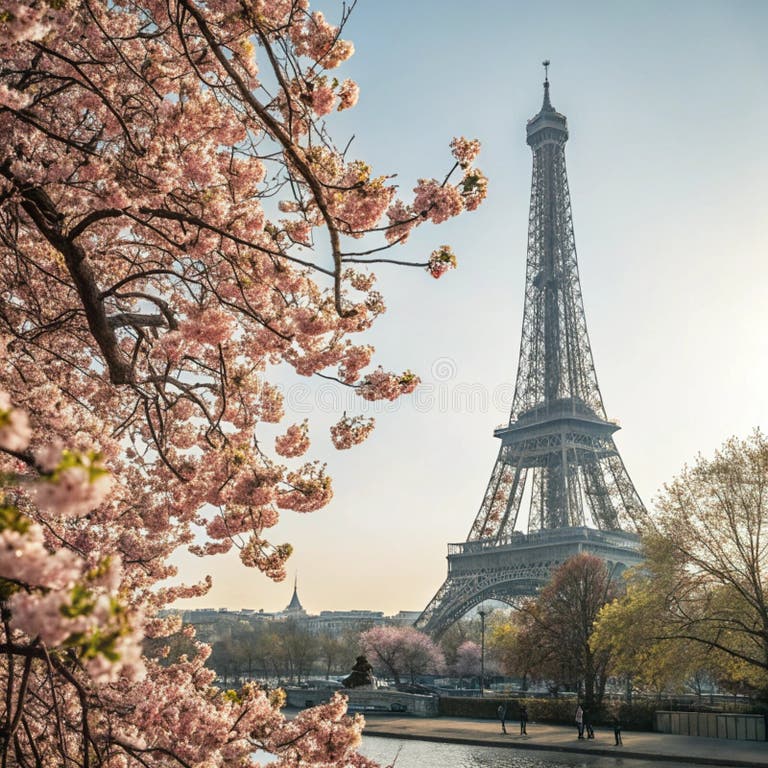 Springtime in Paris. Blossoming Cherry Trees and Eiffel Tower. Focus on the Eiffel Tower Stock ...