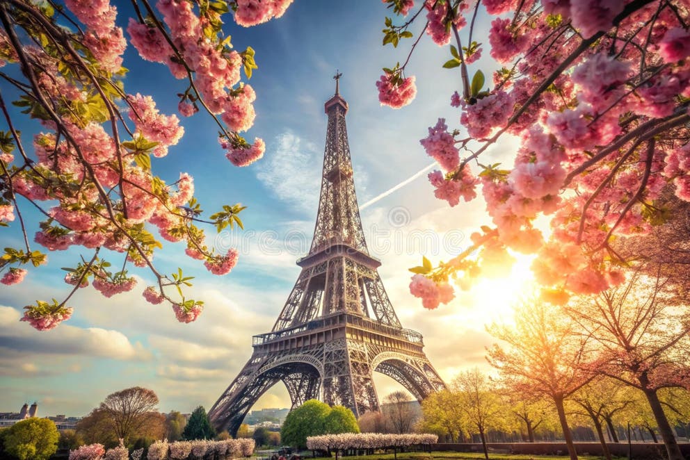 Springtime in Paris. Eiffel Tower (Toned Image Stock Illustration - Illustration of travel ...