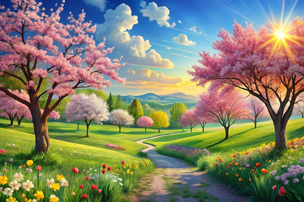 Springtime Path through Blossoming Trees, Sunrise, Meadow Stock Image ...