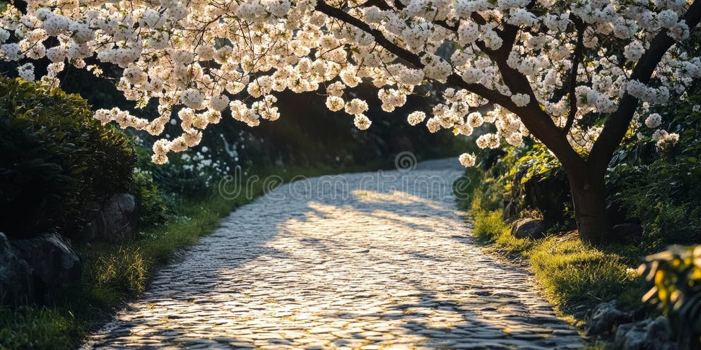 Springtime Pathway Blossoms Underneath Cherry Trees Stock Illustration ...