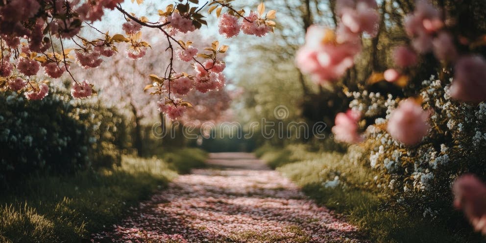 Springtime Pathway with Pink Blossoms Stock Illustration - Illustration ...