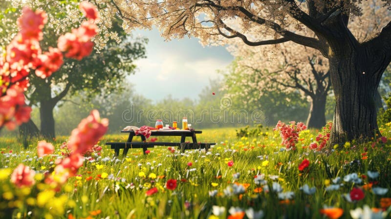 Springtime Picnic Surrounded by Blossoming Trees and Colorful Flowers ...