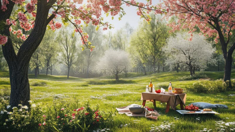 Springtime Picnic Surrounded by Blossoming Trees and Colorful Flowers ...