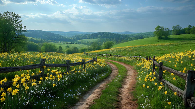 Springtime Rural Road, Daffodil Field, Rolling Hills, Sunset Stock Illustration - Illustration ...