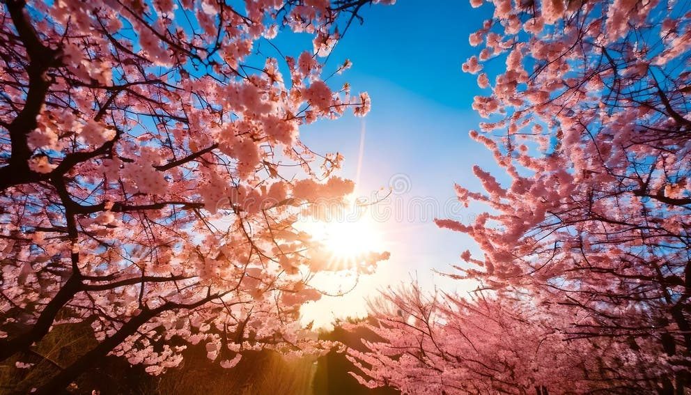 Springtime Sakura Flowers on Tree Branches with Sunbeams and Soft Bokeh ...