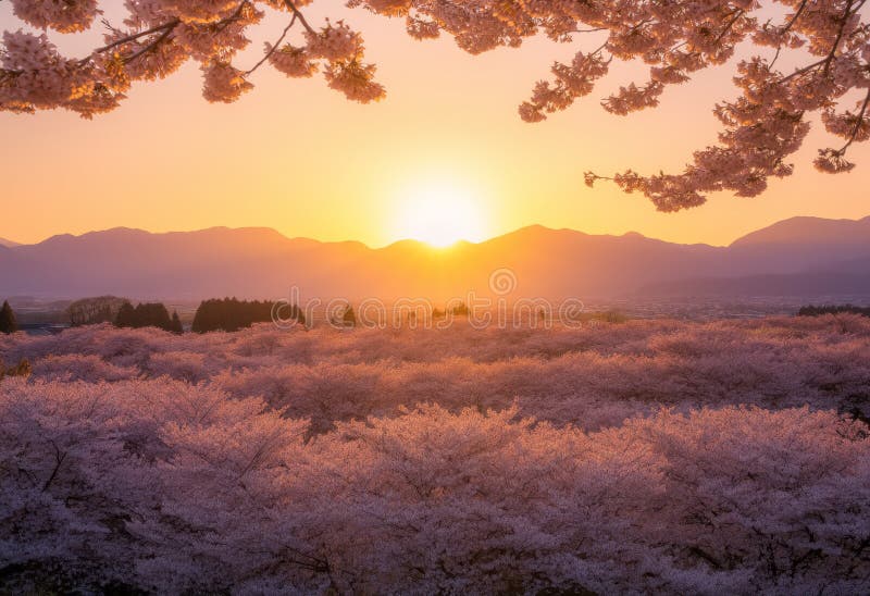 Springtime Sakura Landscape at Sunset Evokes Spring Feeling with ...