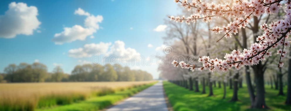 Springtime Scene Shows Pathway Lined with Flowering Trees. Beautiful ...