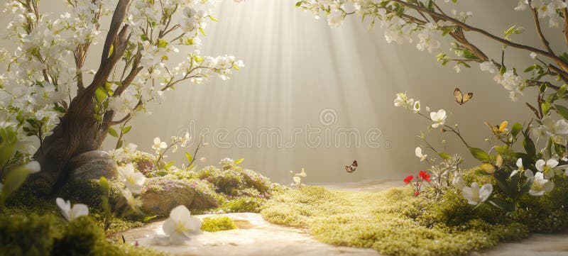 Springtime Scene. Trees and Flowers on the Grass in the Forest. the ...