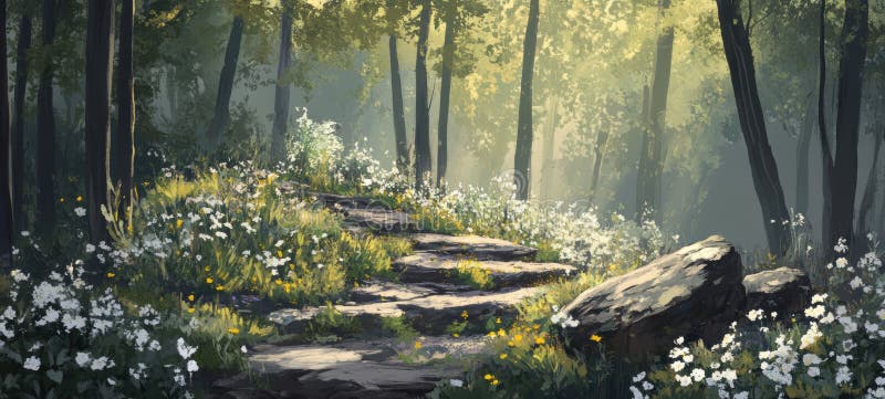 Springtime Scene. Trees and Flowers on the Grass in the Forest. the ...