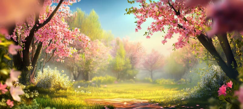 Springtime Scene. Trees and Flowers on the Grass in the Forest. the ...