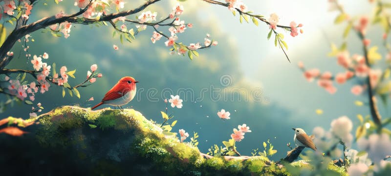 Springtime Scene. Trees and Flowers on the Grass in the Forest. the ...