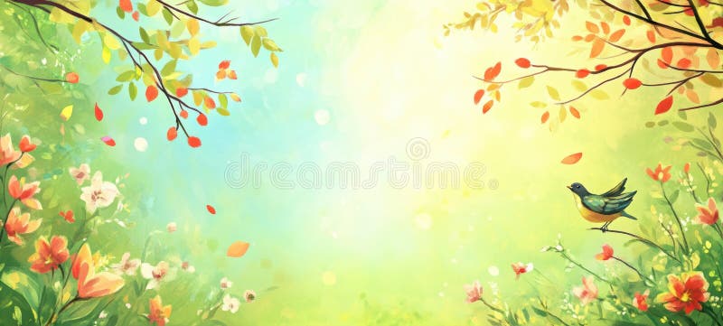 Springtime Scene. Trees and Flowers on the Grass in the Forest. the ...