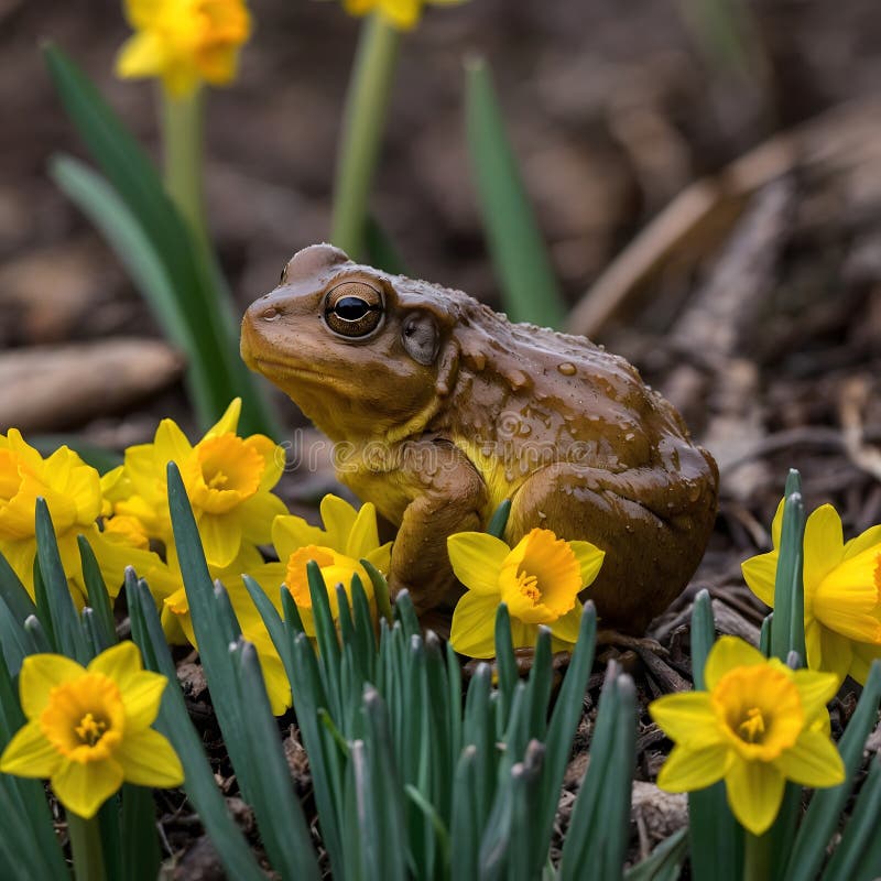 Springtime Secrets: a Spring Peeper Frog Camouflaged in Daffodils Stock ...