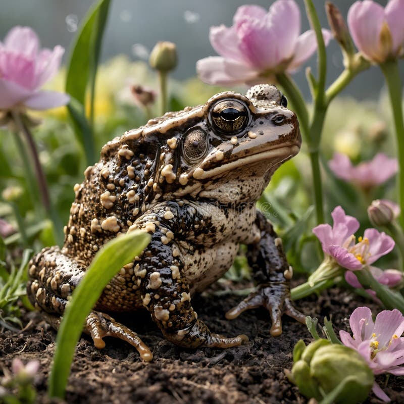 Springtime Serenity: Common Toad Surrounded by Blossoms and Buzzing ...