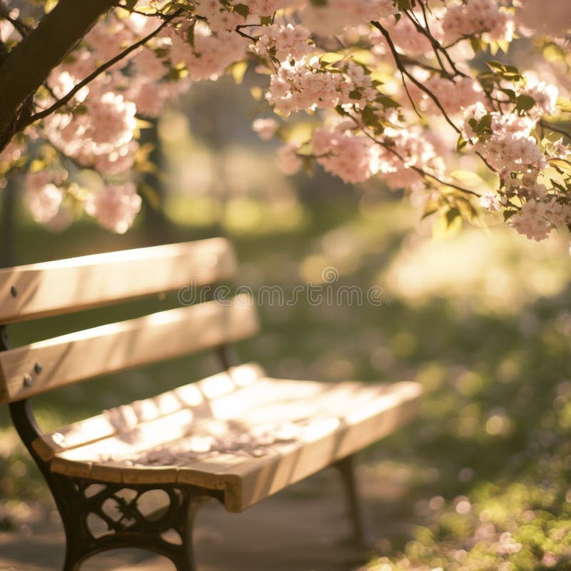 Springtime Serenity: Park Bench Under Cherry Blossoms Stock ...