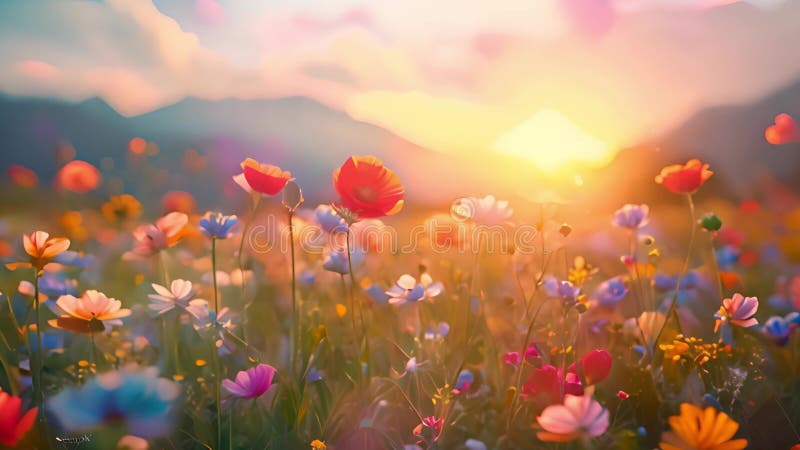 Springtime Splendor: Animated Flowers Bloom in Meadows, Bathed in Warm ...