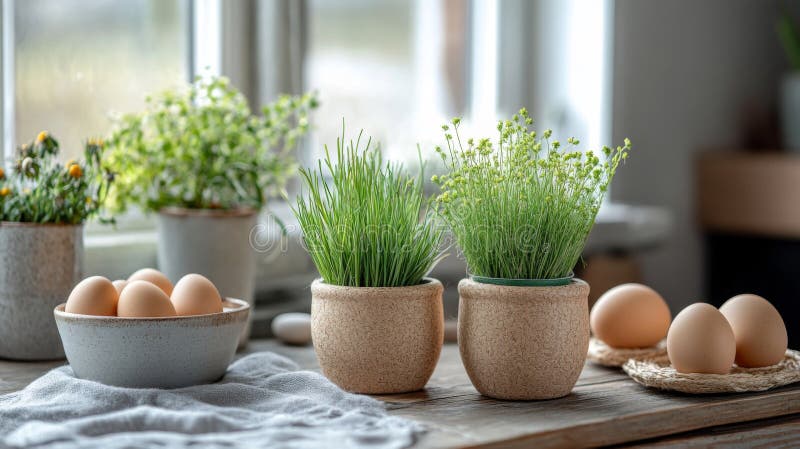 Springtime Still Life Featuring Eggs Plants and Pots Stock Photo ...