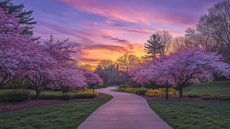 Springtime Sunrise Path among Blooming Cherry Trees Stock Illustration ...