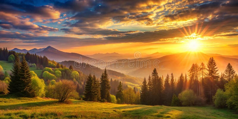 Springtime Sunset Casting Warm Glow Over Mountains and Trees in this ...