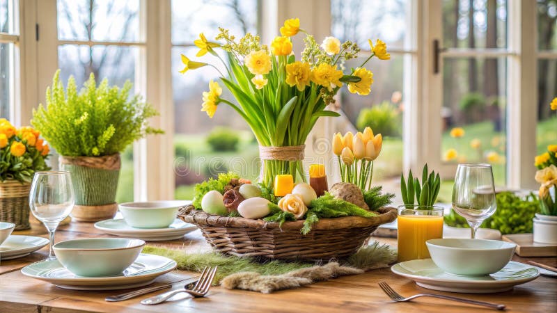 Springtime Table Setting Daffodils Easter Eggs Elegant Tableware Stock ...