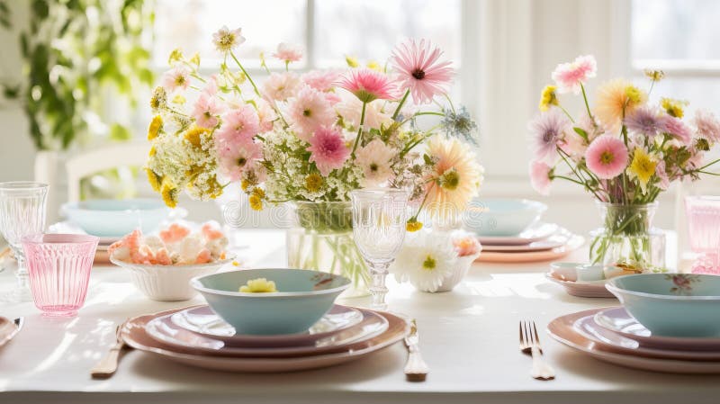 A Springtime Table Setting with Fresh Flowers and Pastels Stock ...
