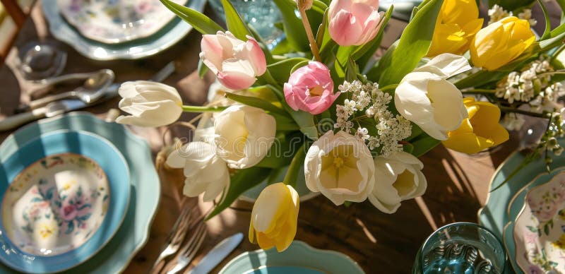 Springtime Table Setting with Pastel Tulips Stock Illustration ...