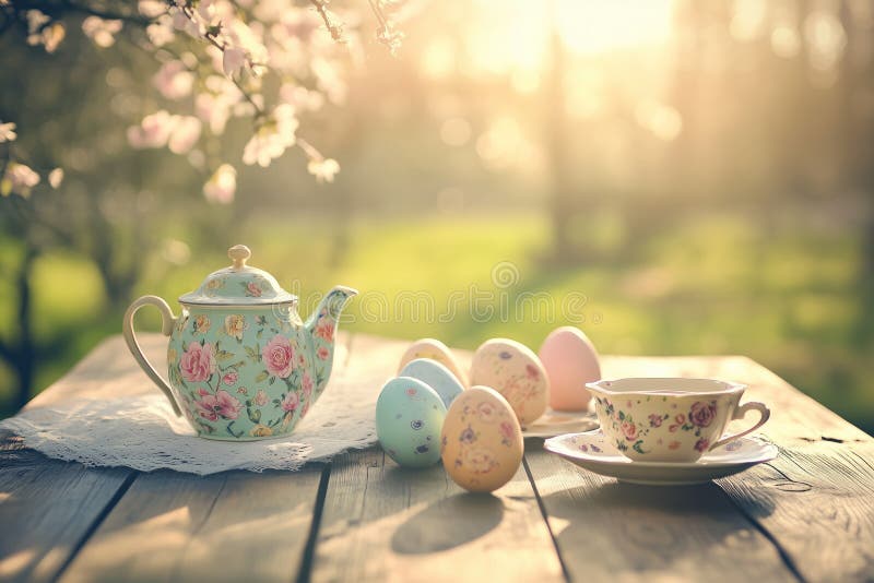 Springtime Tea Setting with Floral Decorations Stock Illustration ...
