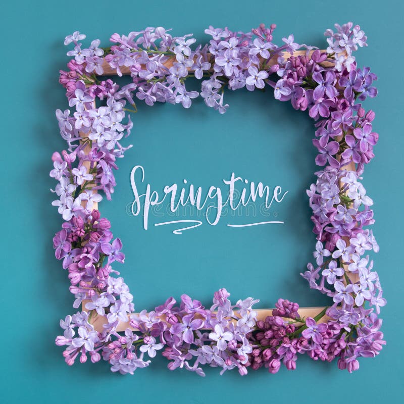 Springtime Text and Lilac Flowers Square Frame Composition on Turquoise ...