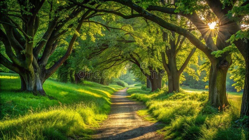 Springtime Tranquility a Lush Green Pathway Meanders through a Vibrant ...