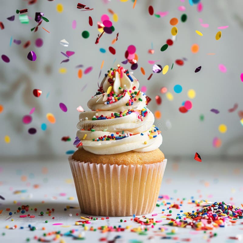 Sprinkled Cupcake with Confetti Falling Stock Illustration ...