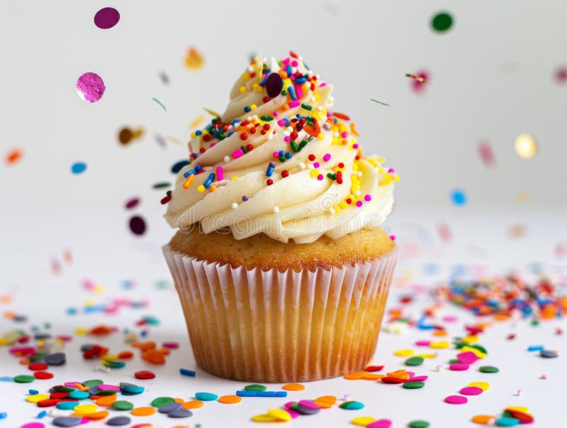 Sprinkled Cupcake with Confetti Falling Around it Stock Photo - Image ...